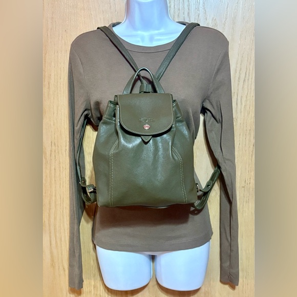 Longchamp | Bags | Longchamp Le Pliage Olive Green Leather Backpack ...